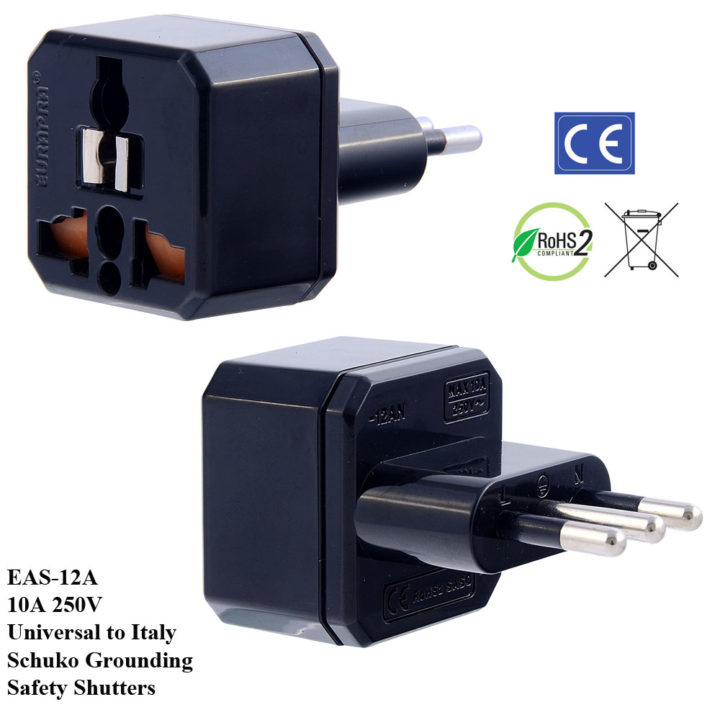 EAS-12A_Black, Italy Plug Adapter w/ Schuko Ground & Safety Shutters ...