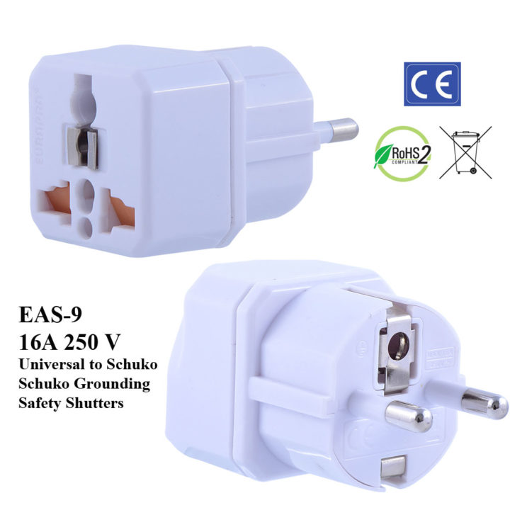 EAS-9, German/Fr Plug Adapter w/ Safety Shutters, Schuko Ground - EuroPlugs
